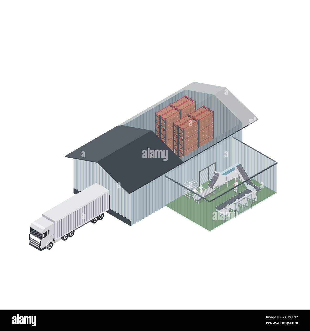 Isometric design of industrial plant. Food plant distribution ...