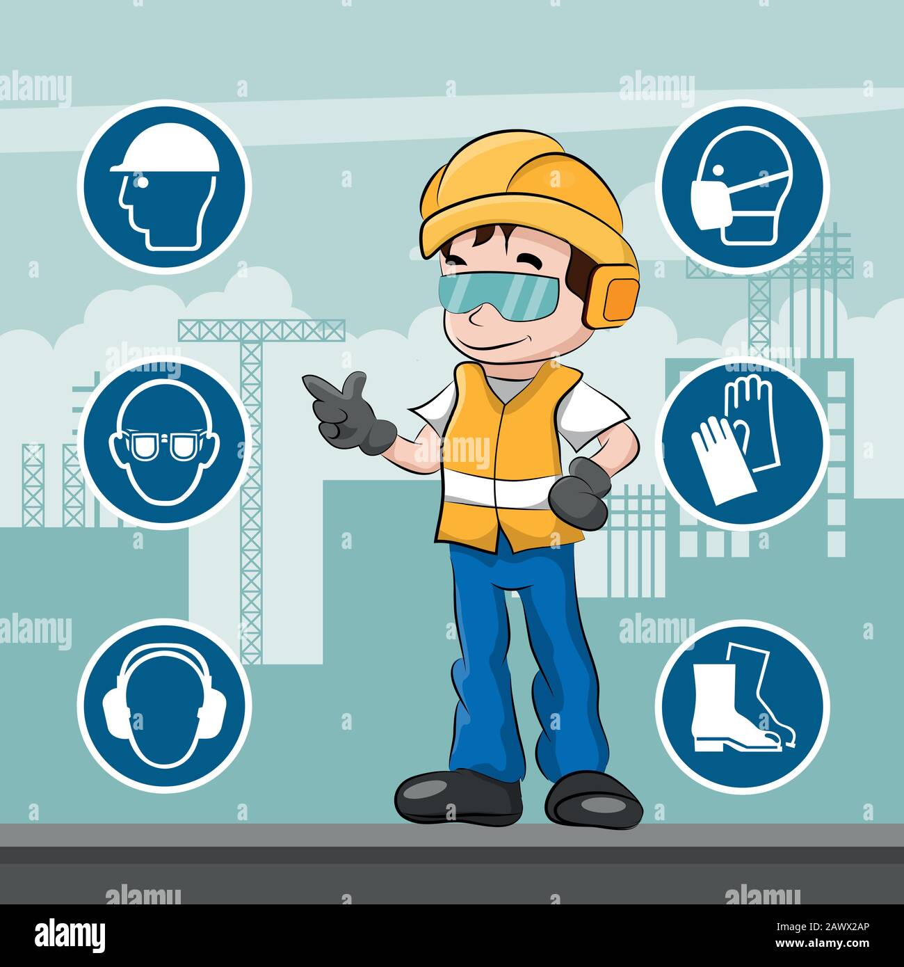 Worker with his personal protective equipment and security icons Stock ...