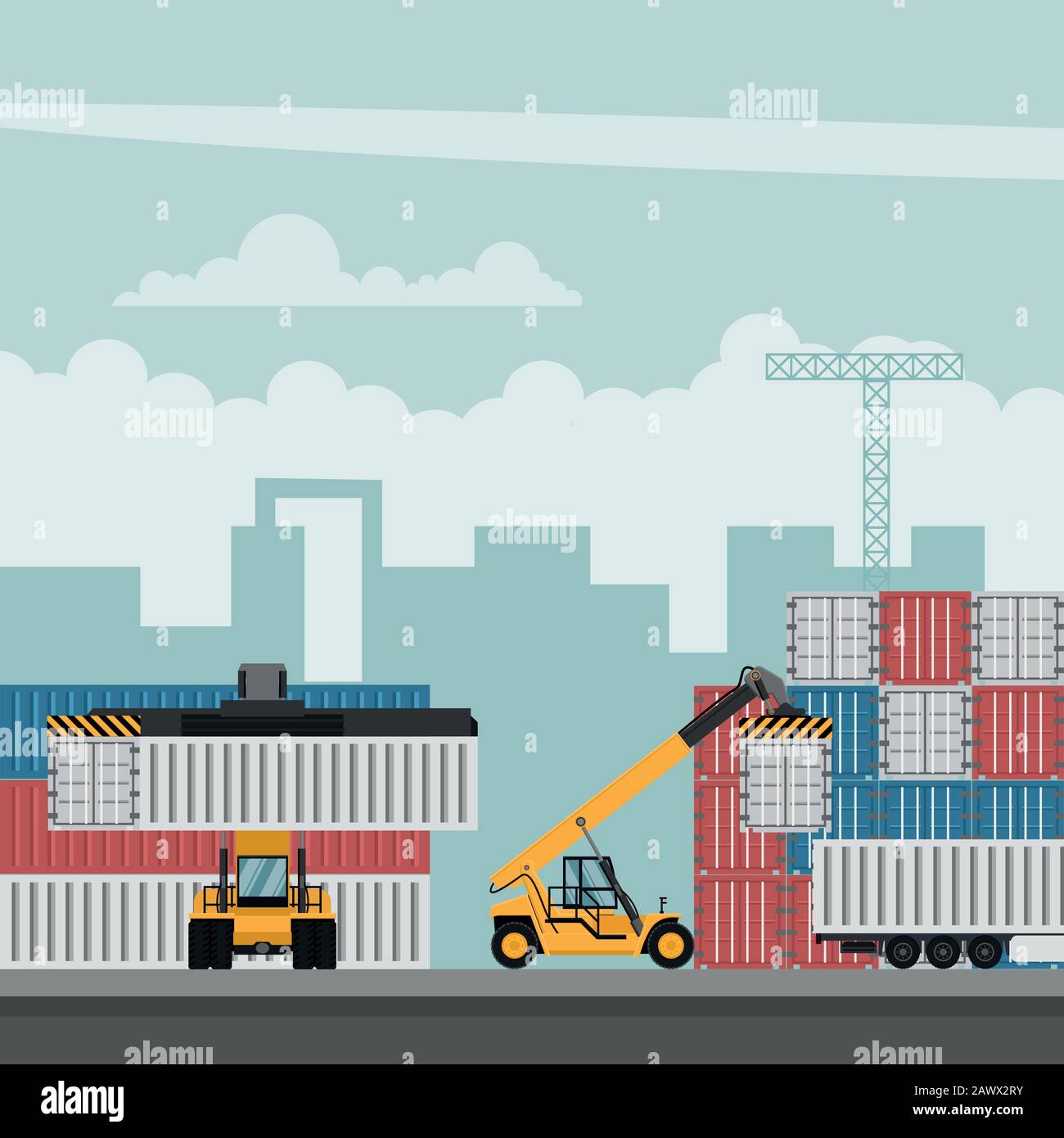 Container port terminal design for export. Container trucks working ...