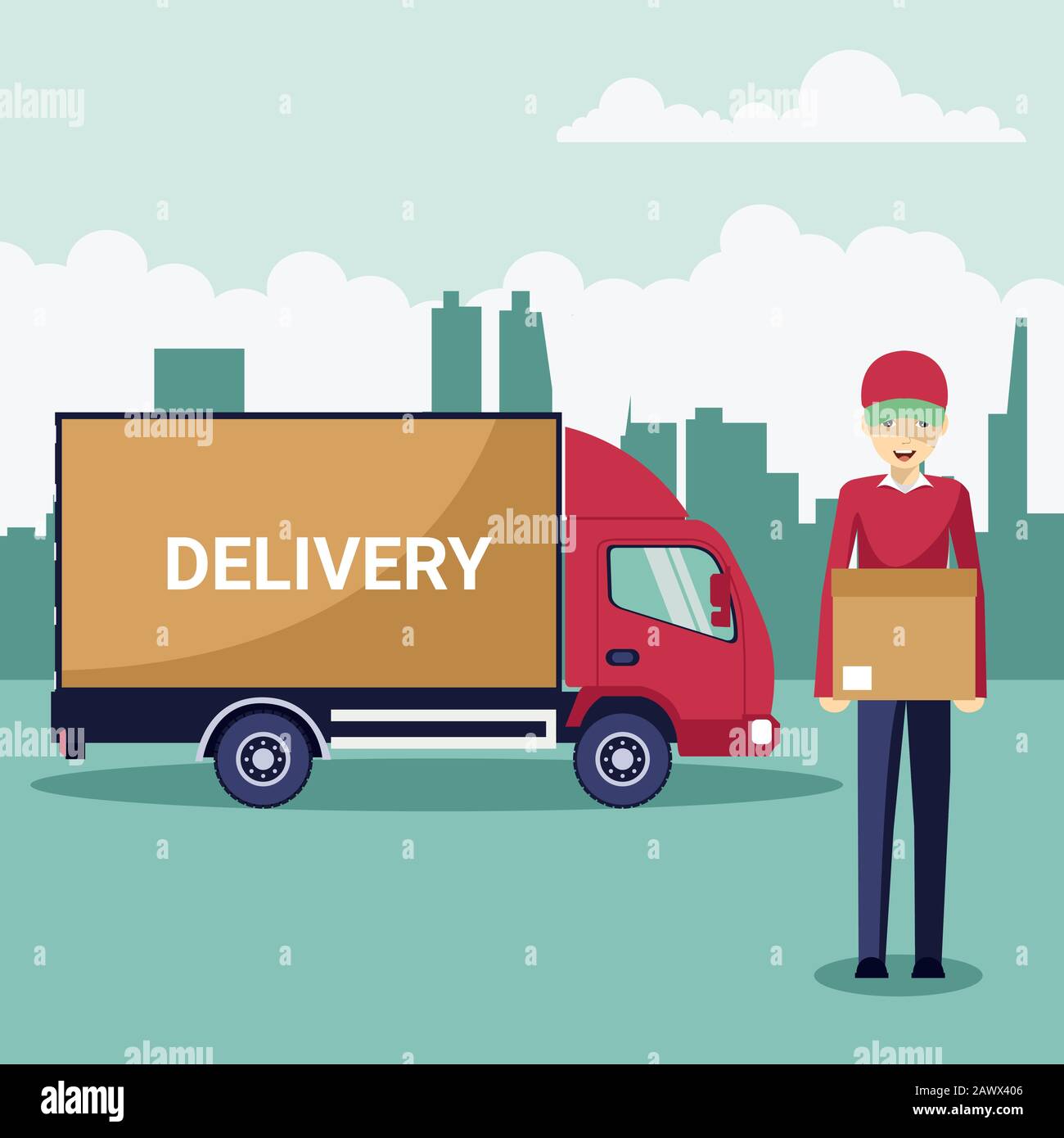 Delivery transport truck with delivery man Stock Vector Image & Art - Alamy