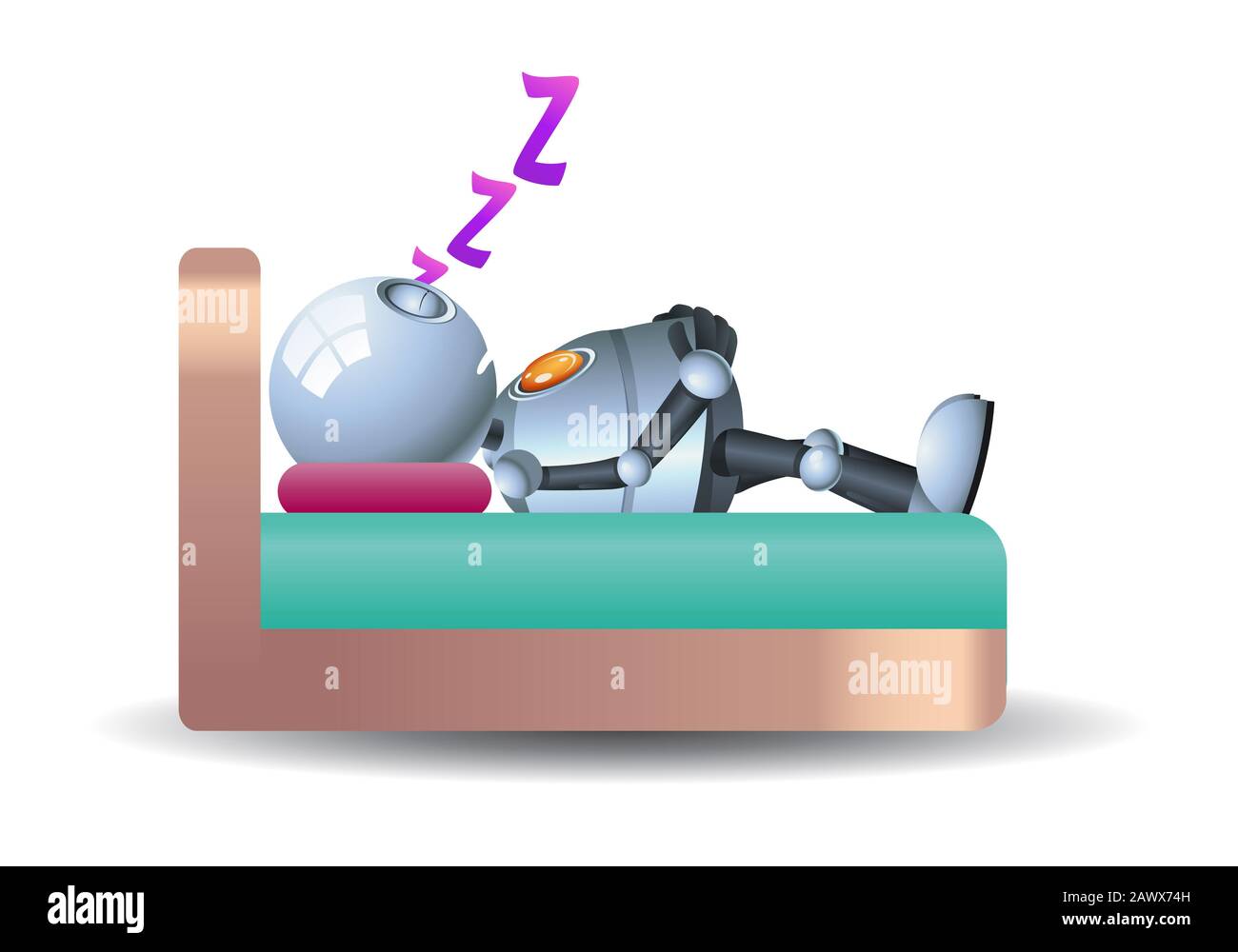 3d illustration of little robot fat obesity sleeping on bed on isolated ...