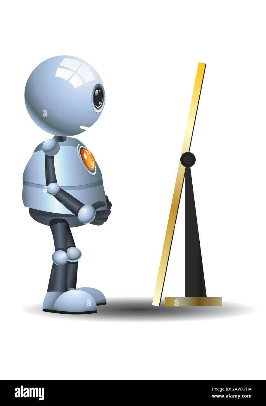 3d illustration of little robot fat seeing mirror on isolated white ...