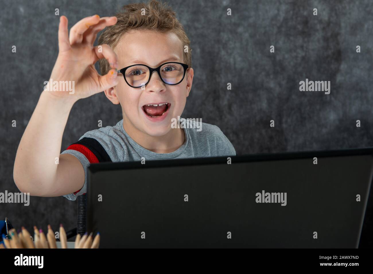 little school boy with a laptop showing OK gesture Stock Photo - Alamy