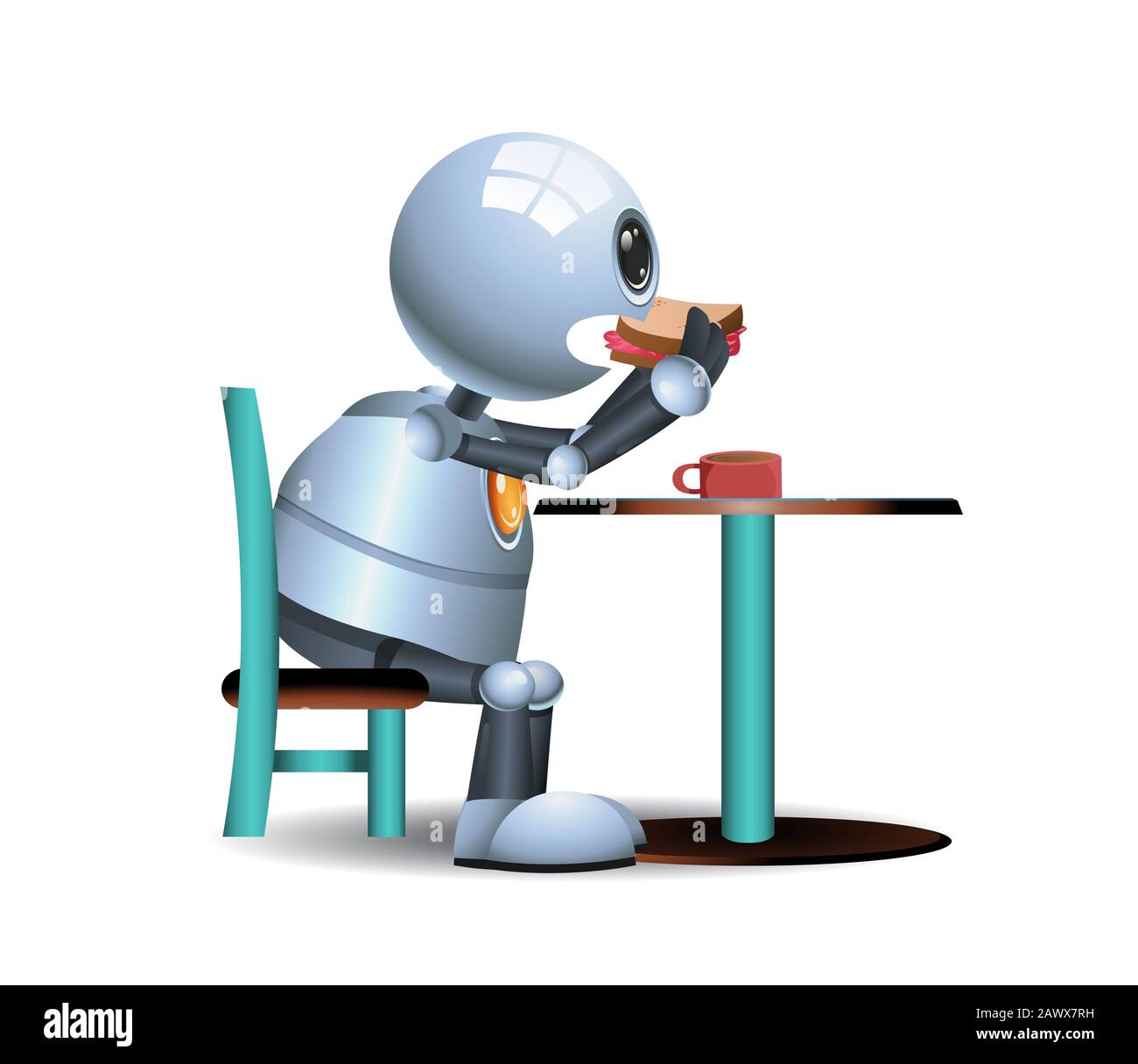 3d illustration of little robot fat eating foods on isolated white ...