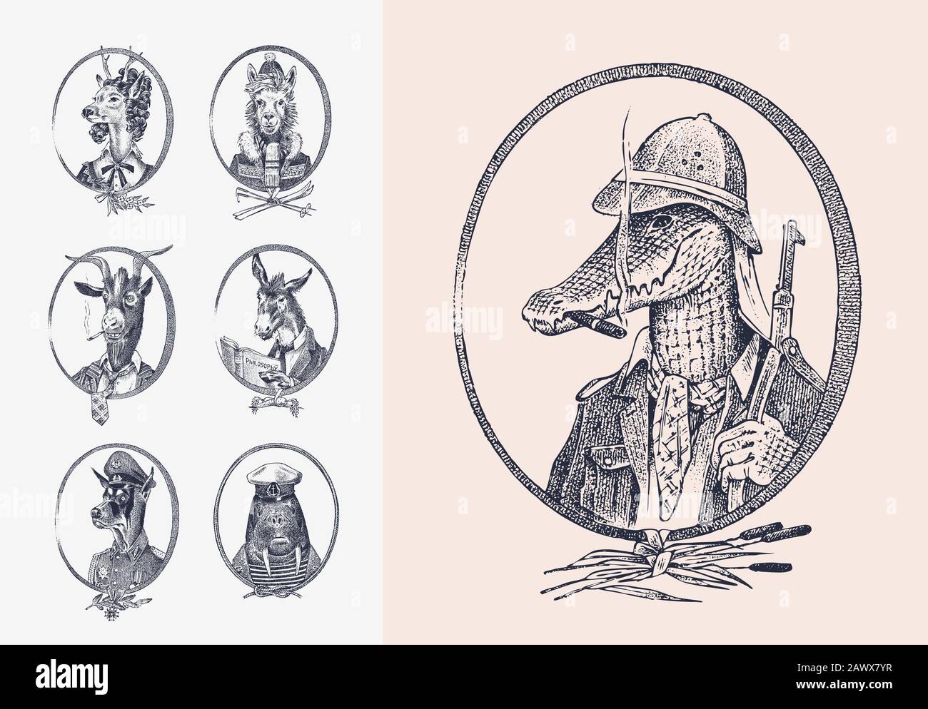 Animal characters set. Crocodile safari hunter Llama Deer lady Walrus ...