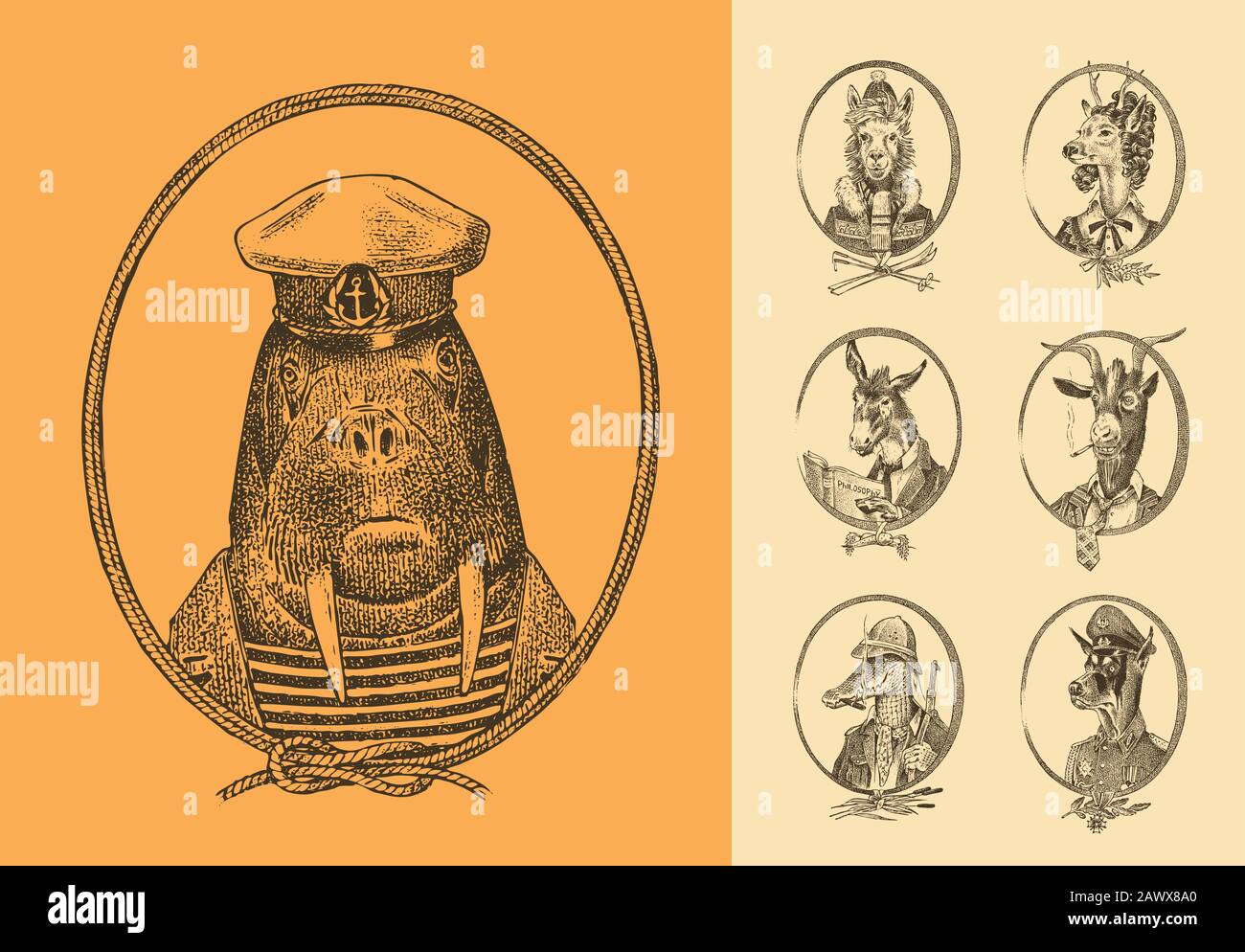 Animal characters set. Sailor walrus Llama Deer lady Walrus Crocodile ...