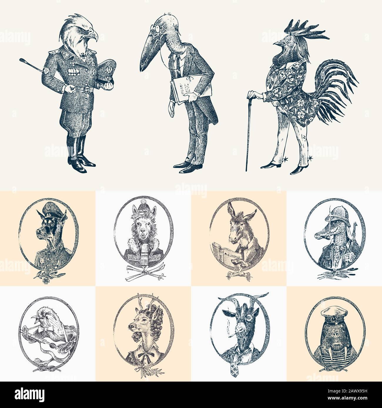 Animal characters set. Bald eagle Rooster Stork Walrus Crocodile Goat ...