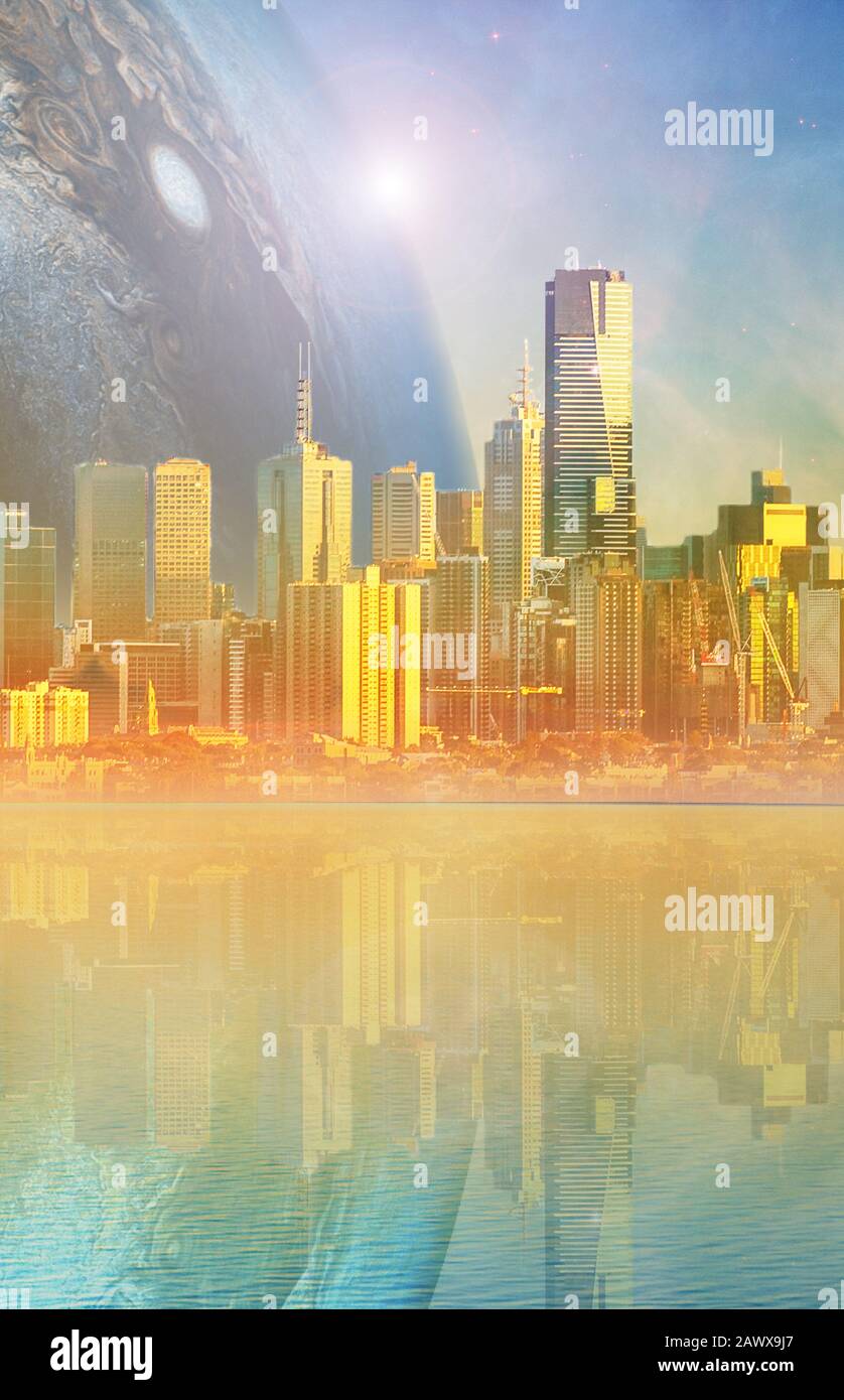 Science fiction novel book cover template - Modern megapolis skyline and huge alien planet ...