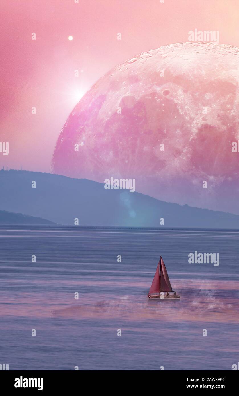 Landscape of an alien planet book cover proportions - huge pink moon ...