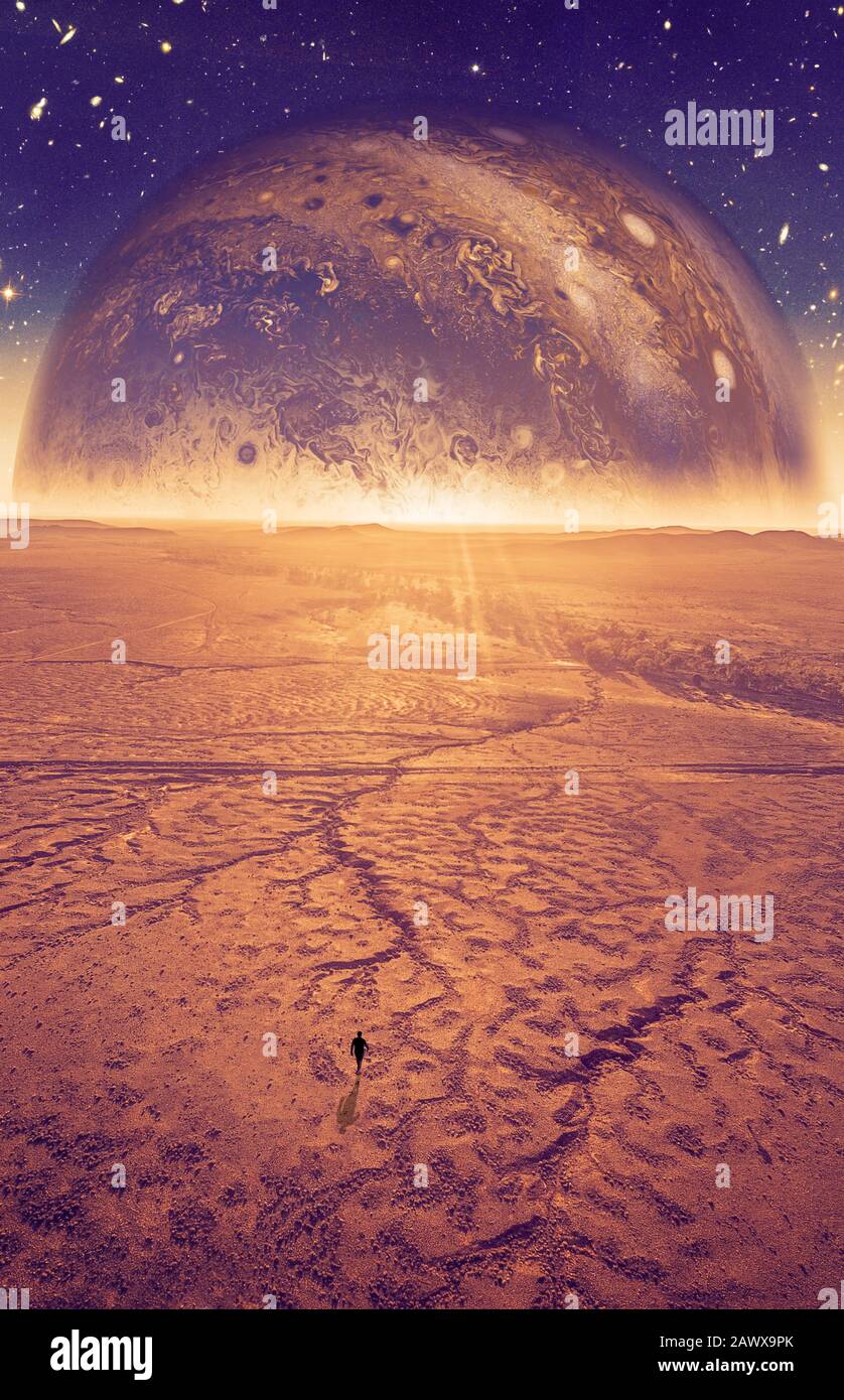 Book cover template design. Alien landscape - planet rising over dry ...