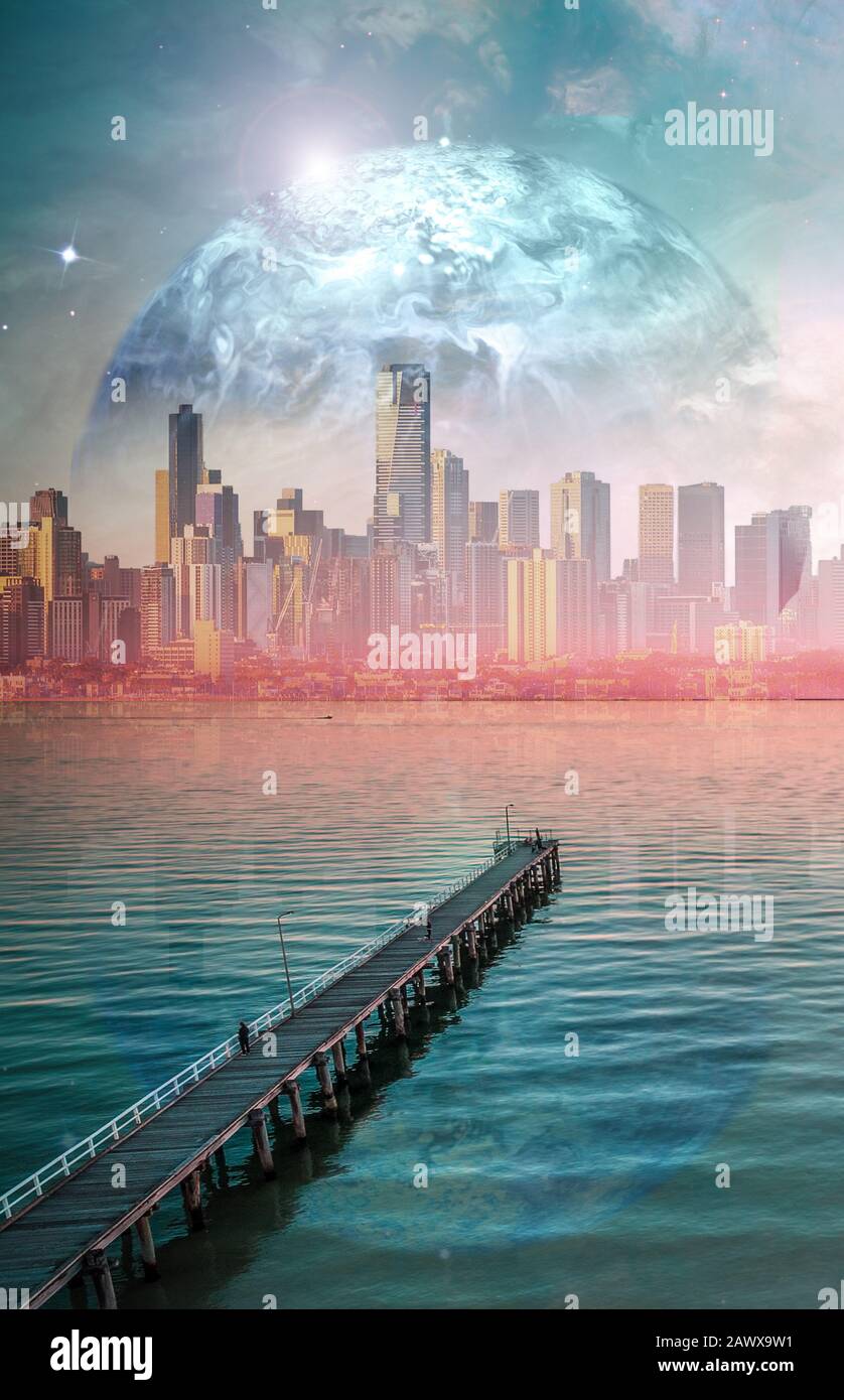 Science fiction book cover design. Alien planet landscape - Long wooden ...