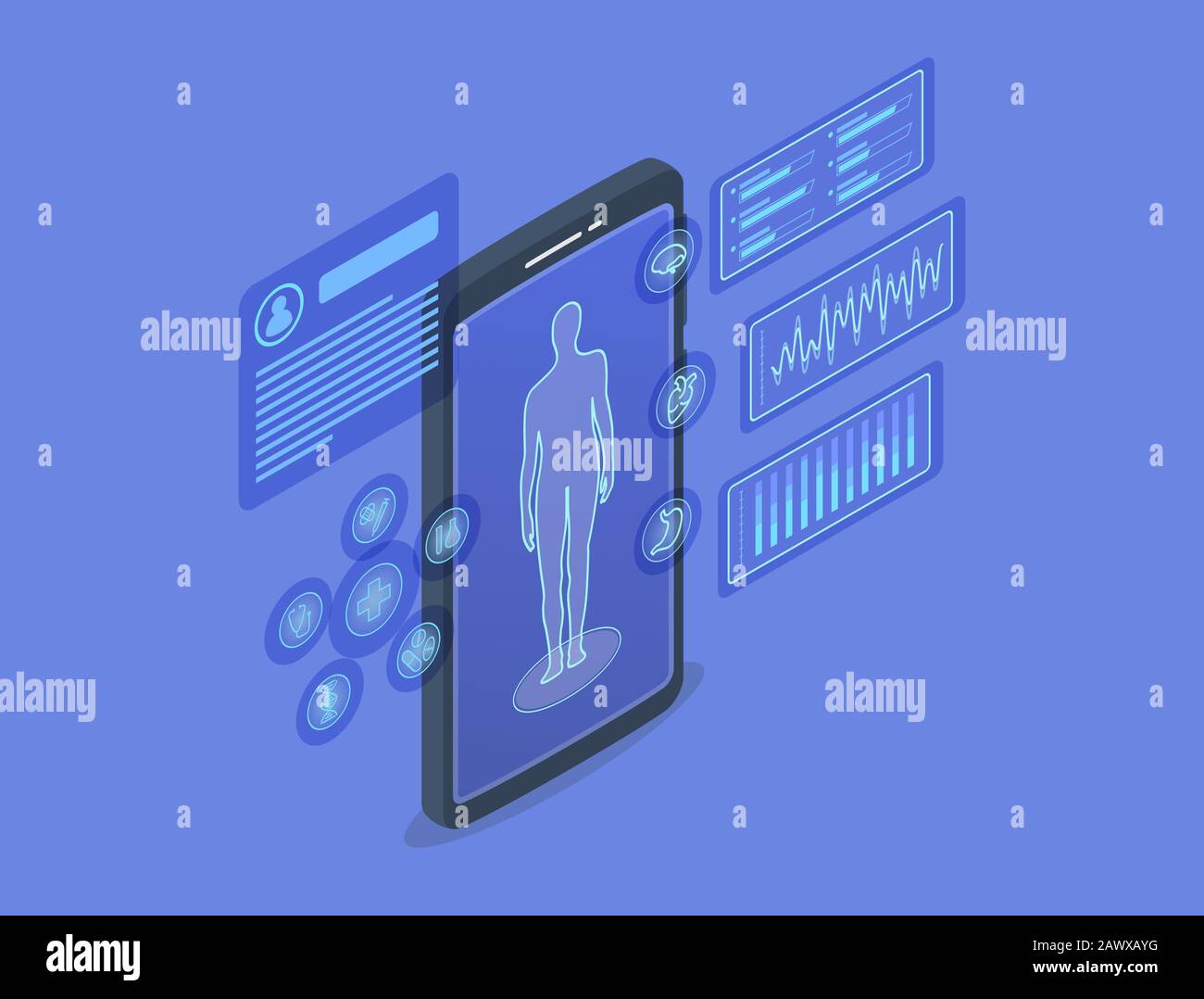 human body data infographic on smartphone app with modern isometric ...