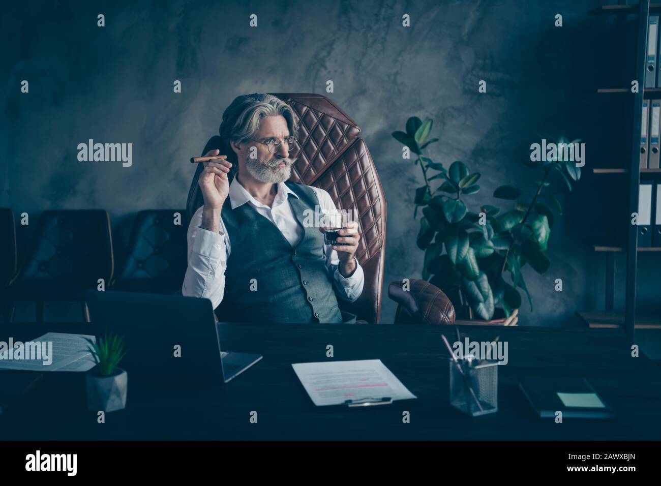 Portrait of his he nice attractive chic classy serious focused gray ...