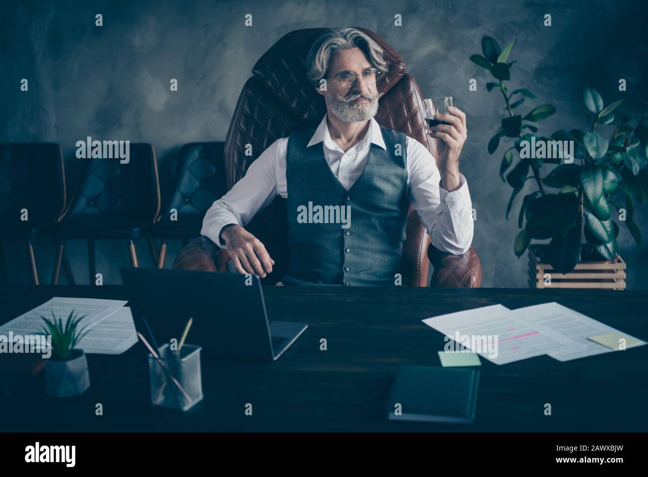 Smart charismatic millionaire entrepreneur old man grandfather sit ...
