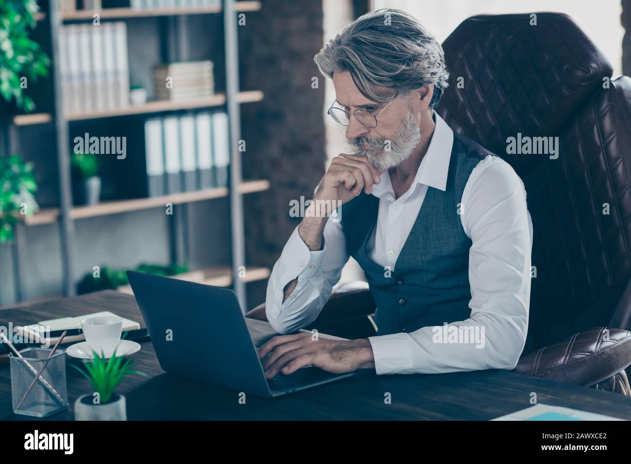 Close-up portrait of his he nice attractive handsome focused gray ...