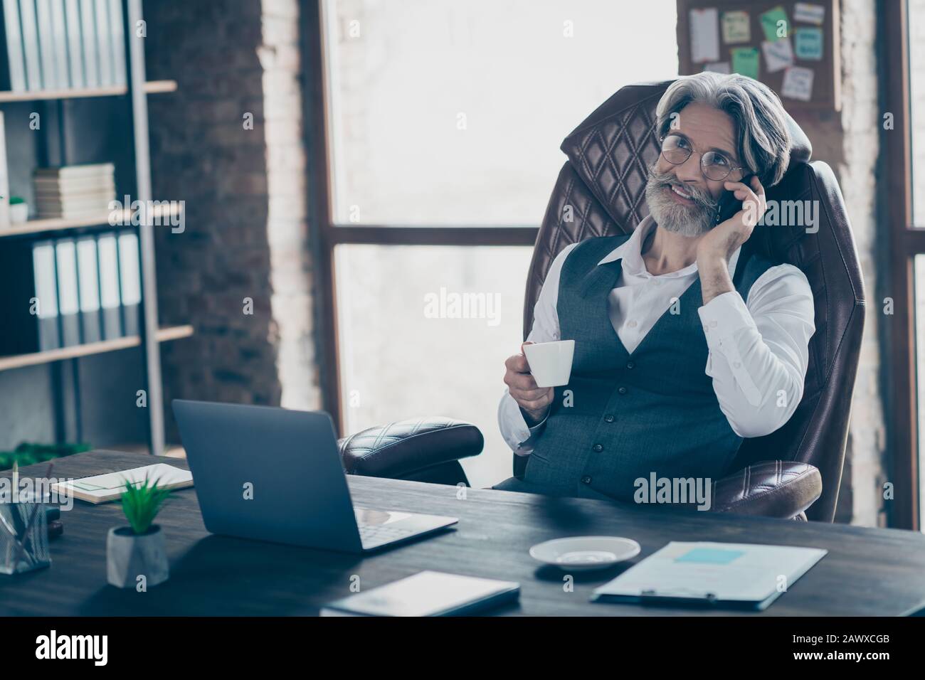 Portrait of his he nice attractive handsome cheerful gray-haired ceo ...