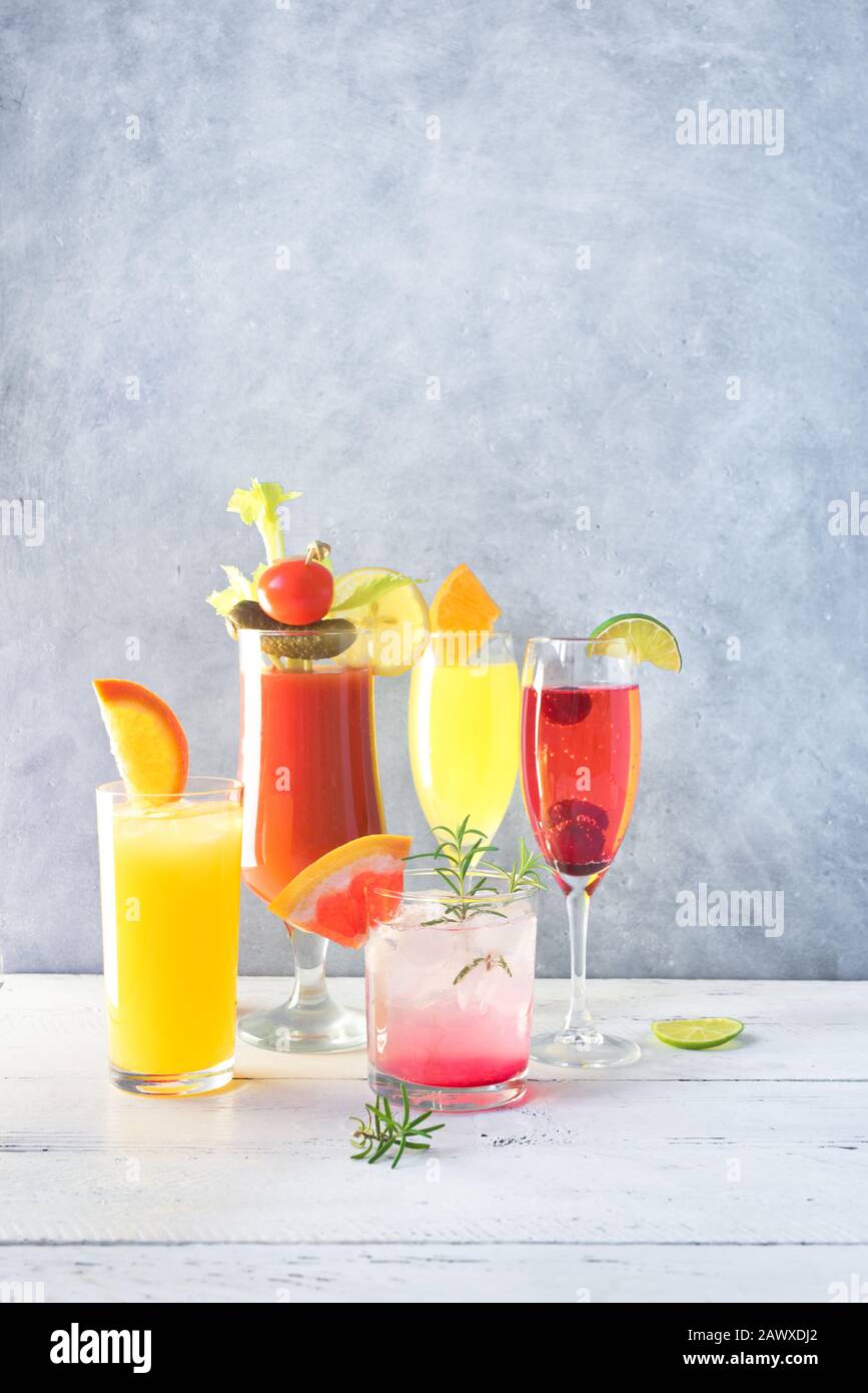 Brunch or Breakfast Cocktails Assortment. Bloody Mary, Mimosa drinks ...