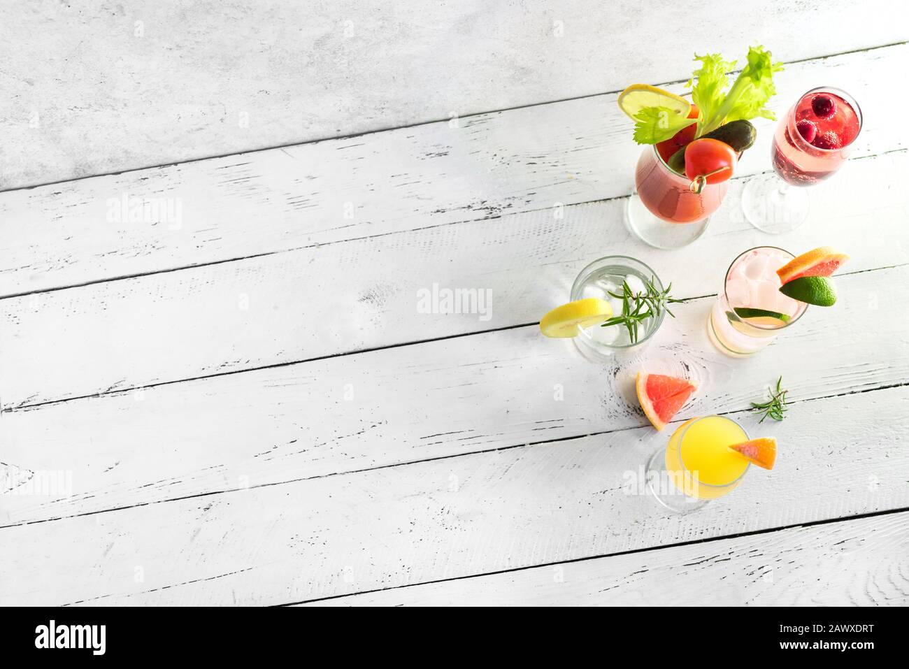 Brunch or Breakfast Cocktails Assortment. Bloody Mary, Mimosa drinks ...