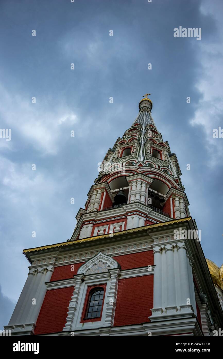Selective detailed architectural view from below of the bell tower of ...
