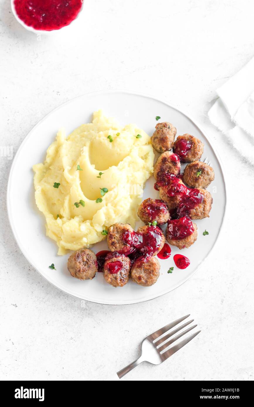Traditional Swedish meatballs with mashed potato and lingonberry sauce ...