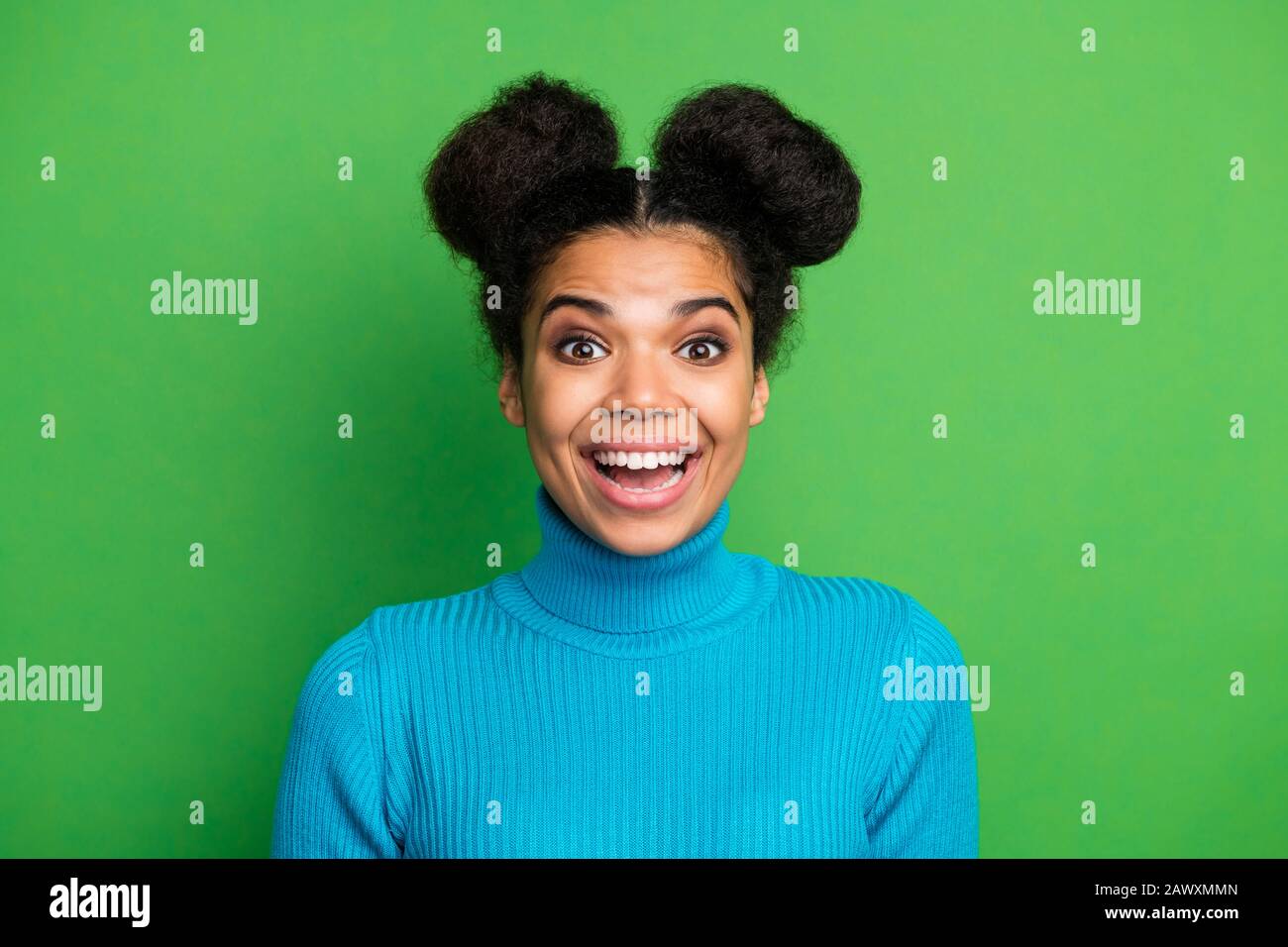 Closeup photo of funny beautiful pretty dark skin lady excited good ...