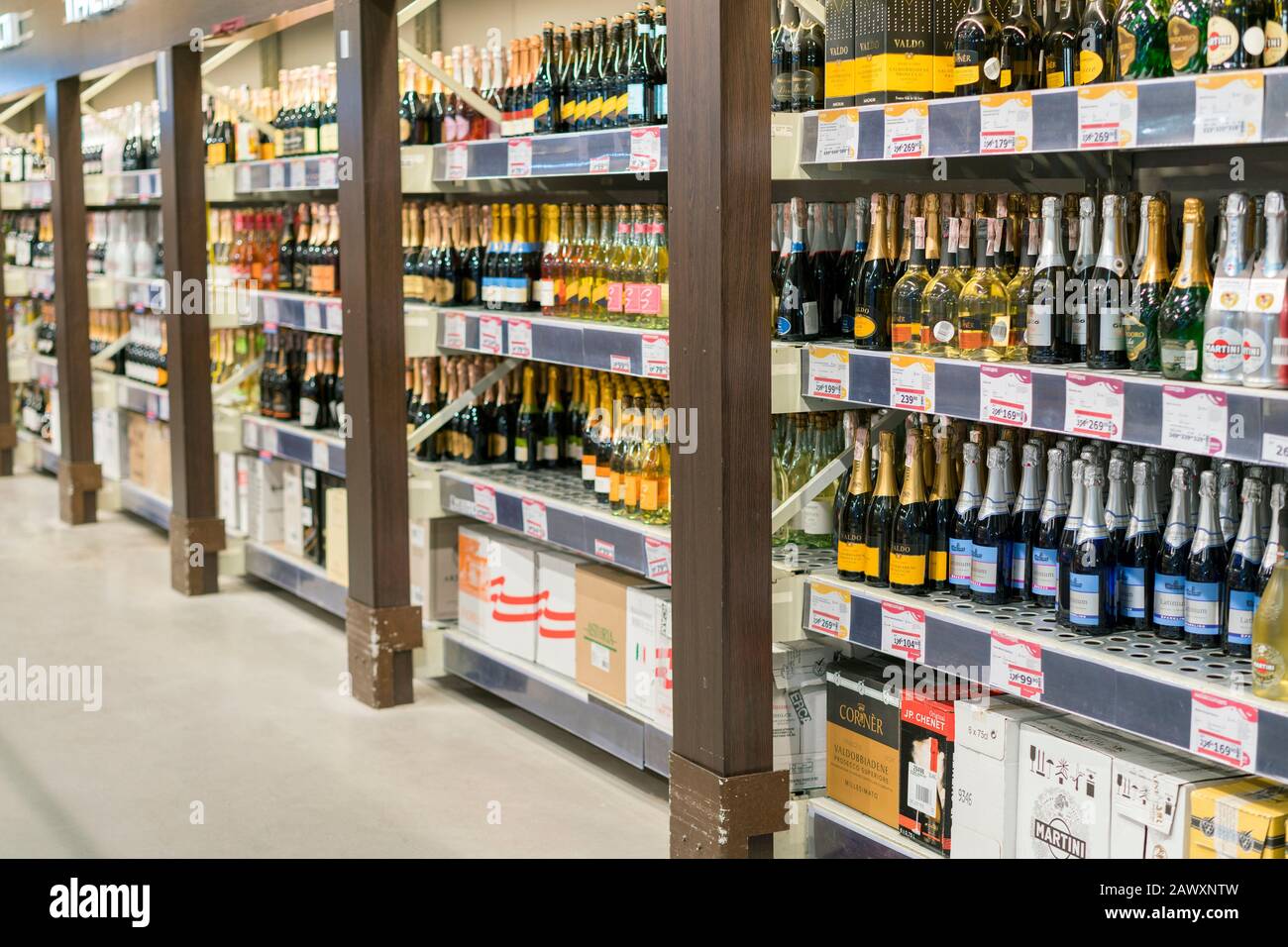 Kiev, Ukraine. February 8 2020 Shelves with alcohol bottles in ...