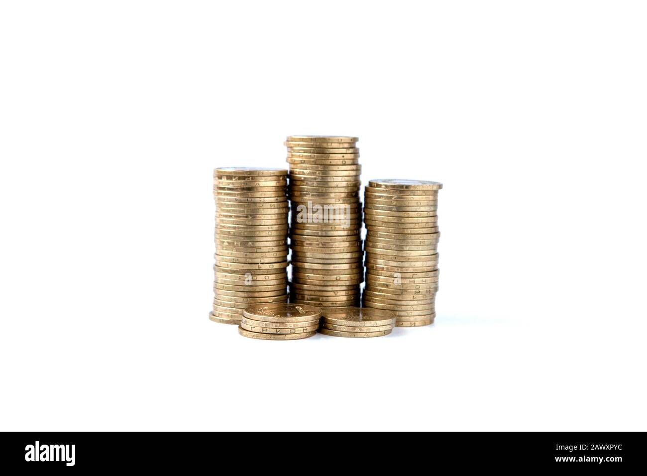 Stack of golden coins isolated on white background Stock Photo - Alamy