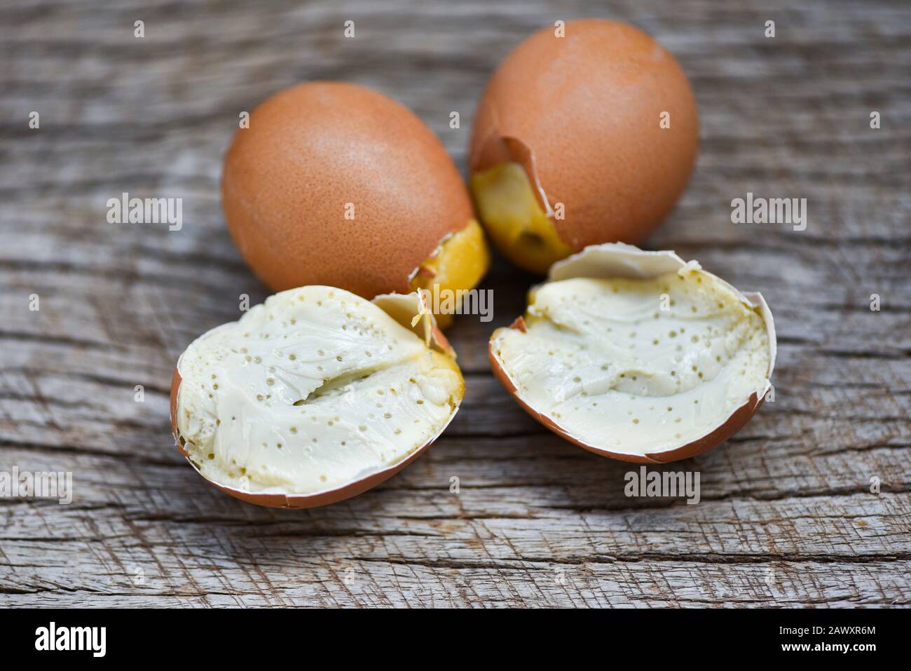 Steamed eggs on egg shells on wood / Seasoning egg for grilled with ...