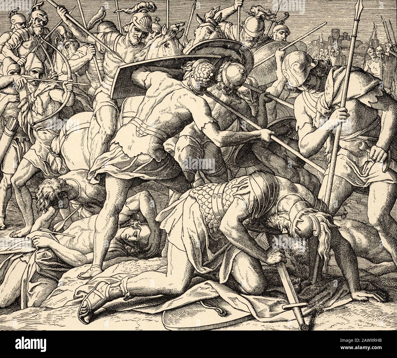 Death of Saul. Saul kneels and nails his own sword killing himself ...