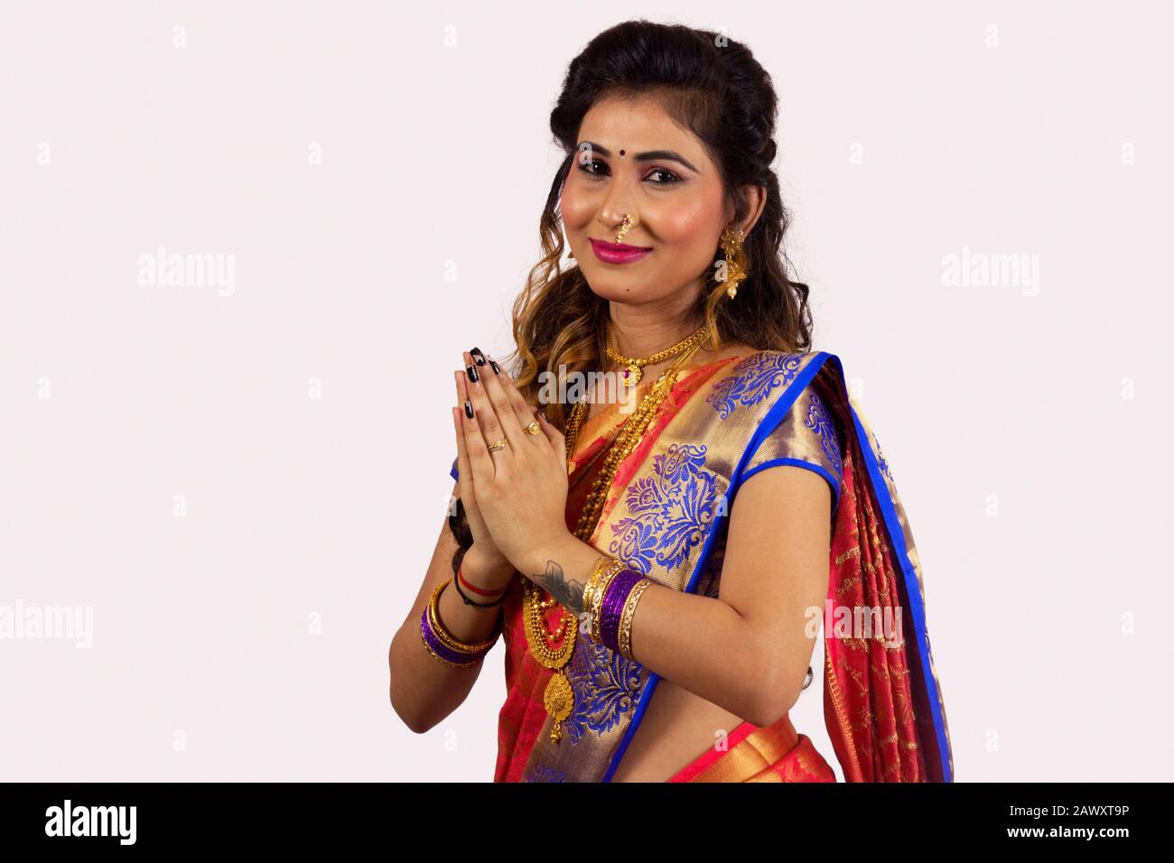 Indian Model wearing traditional Maharashtrian silk saree, with hands ...