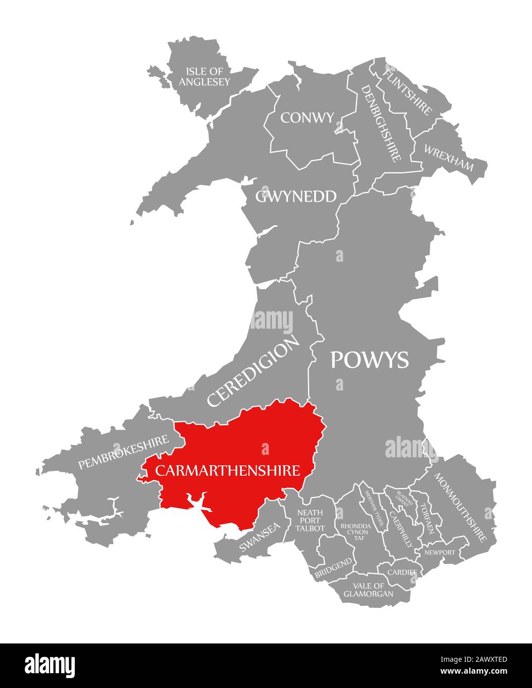 Carmarthenshire red highlighted in map of Wales Stock Photo - Alamy