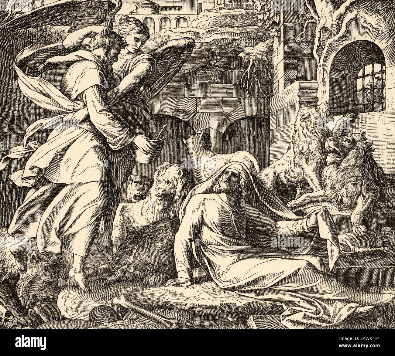 Daniel in the lions den. Habakkuk brings food to Daniel in the lion ...