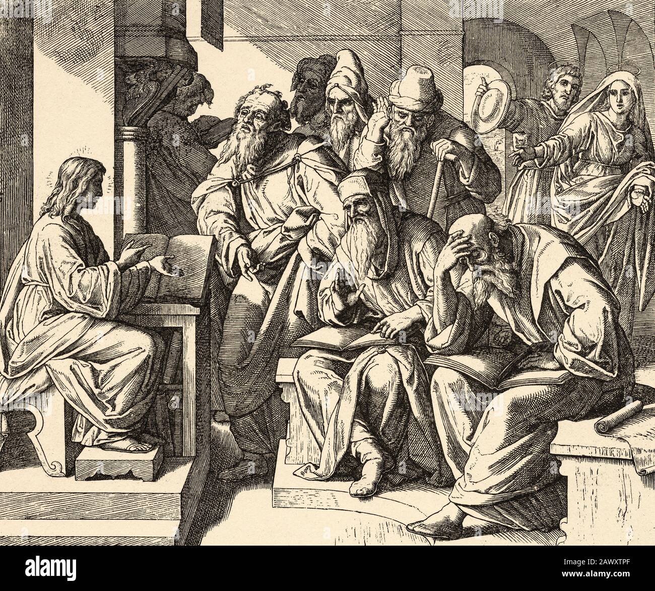 The twelve year old Jesus in the temple. Virgin Mary and Joseph found ...