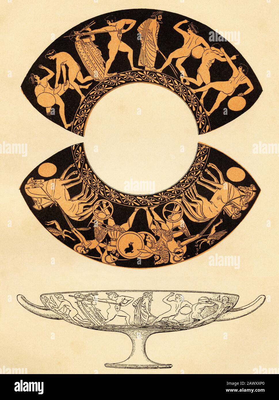 Color image. Exterior surface of a Greek vase representing gymnastic ...