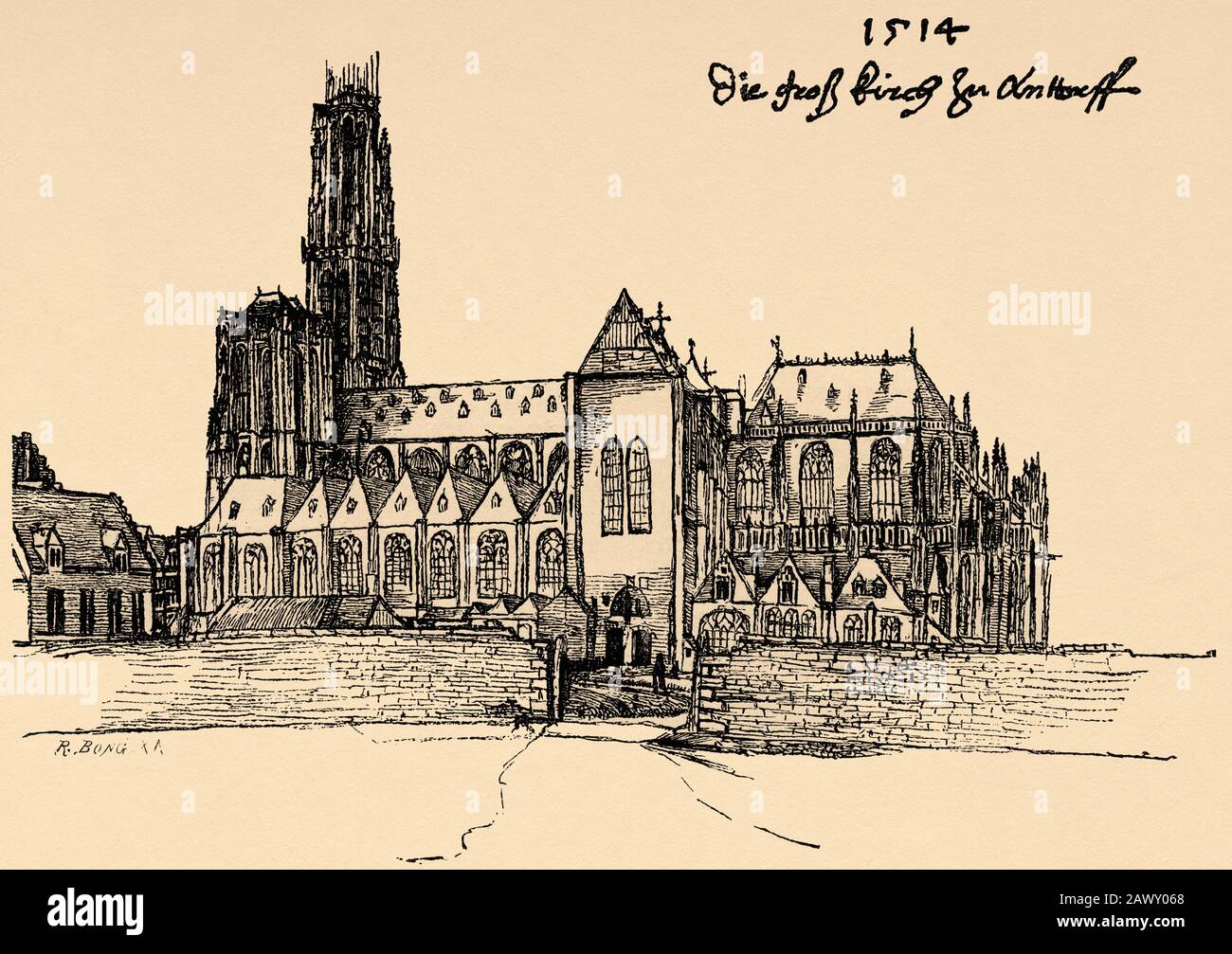 Antwerp Cathedral, facsimile of a drawing by Albrecht Durer. History of ...
