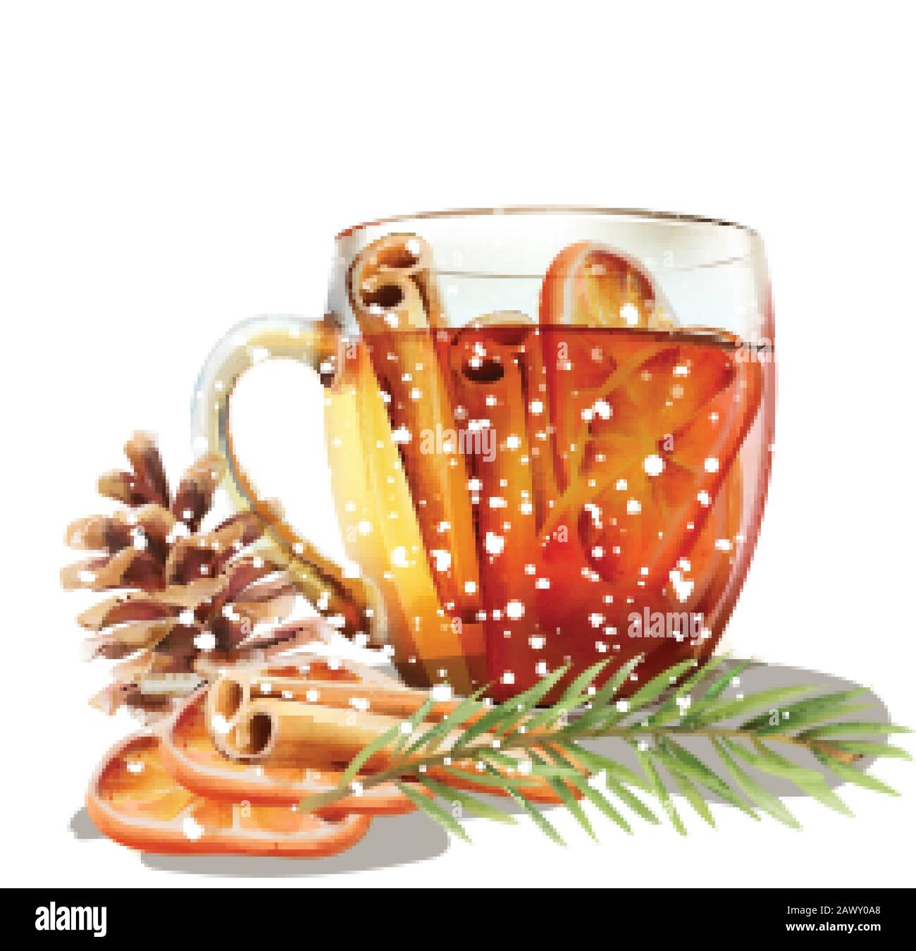 Winter cup of tea with cinnamon and orange slices. Conifer cone and fir ...