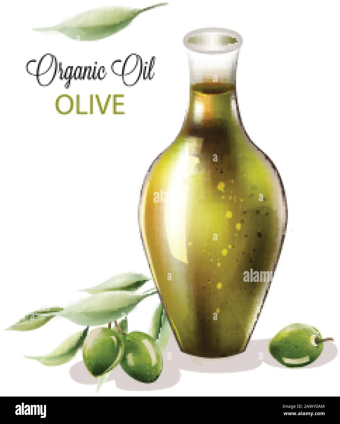 Organic olive oil in abstract shape glass. Composition with green ...