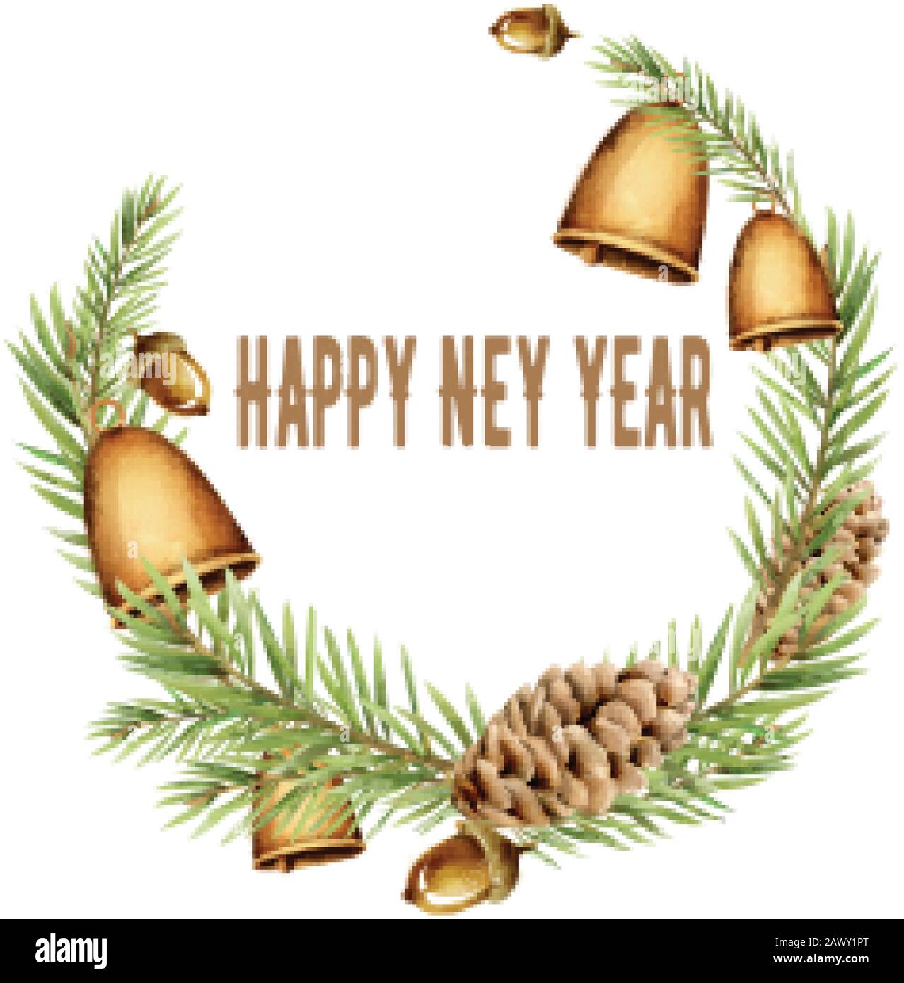 Happy new year wreath composition with bell, pine cone and leaves ...