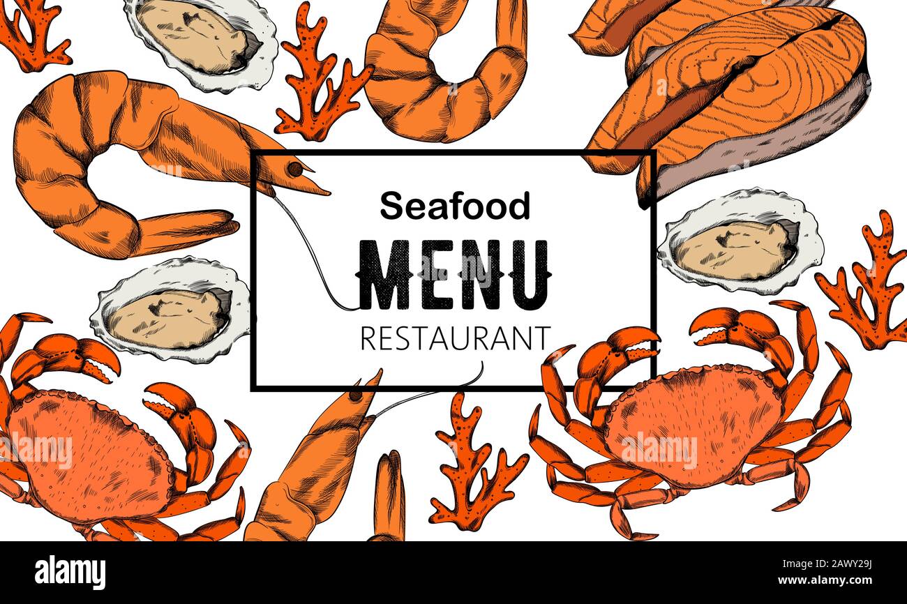 Seafood menu composition with red fish steak, oysters and crabs. Place ...