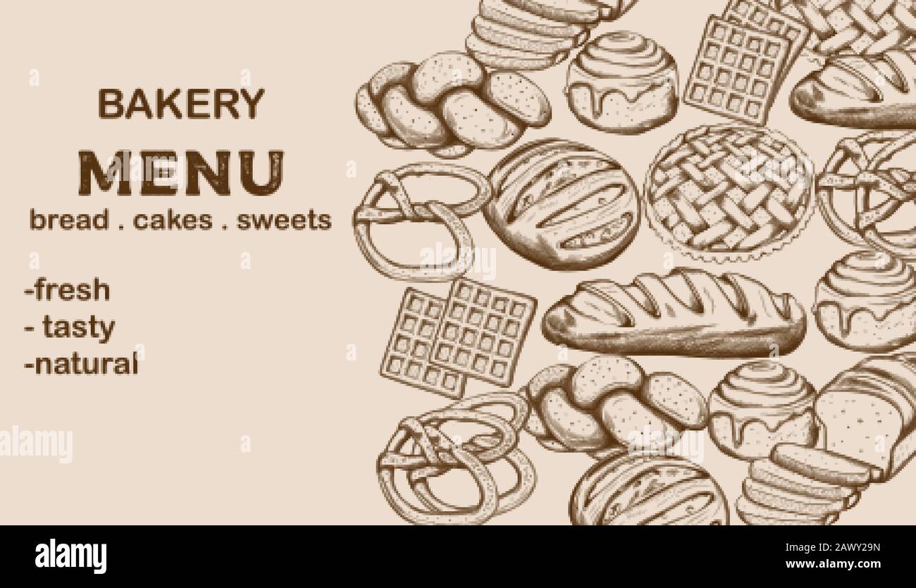 Bakery menu with bread, cakes, sweets and place for text. Line art ...