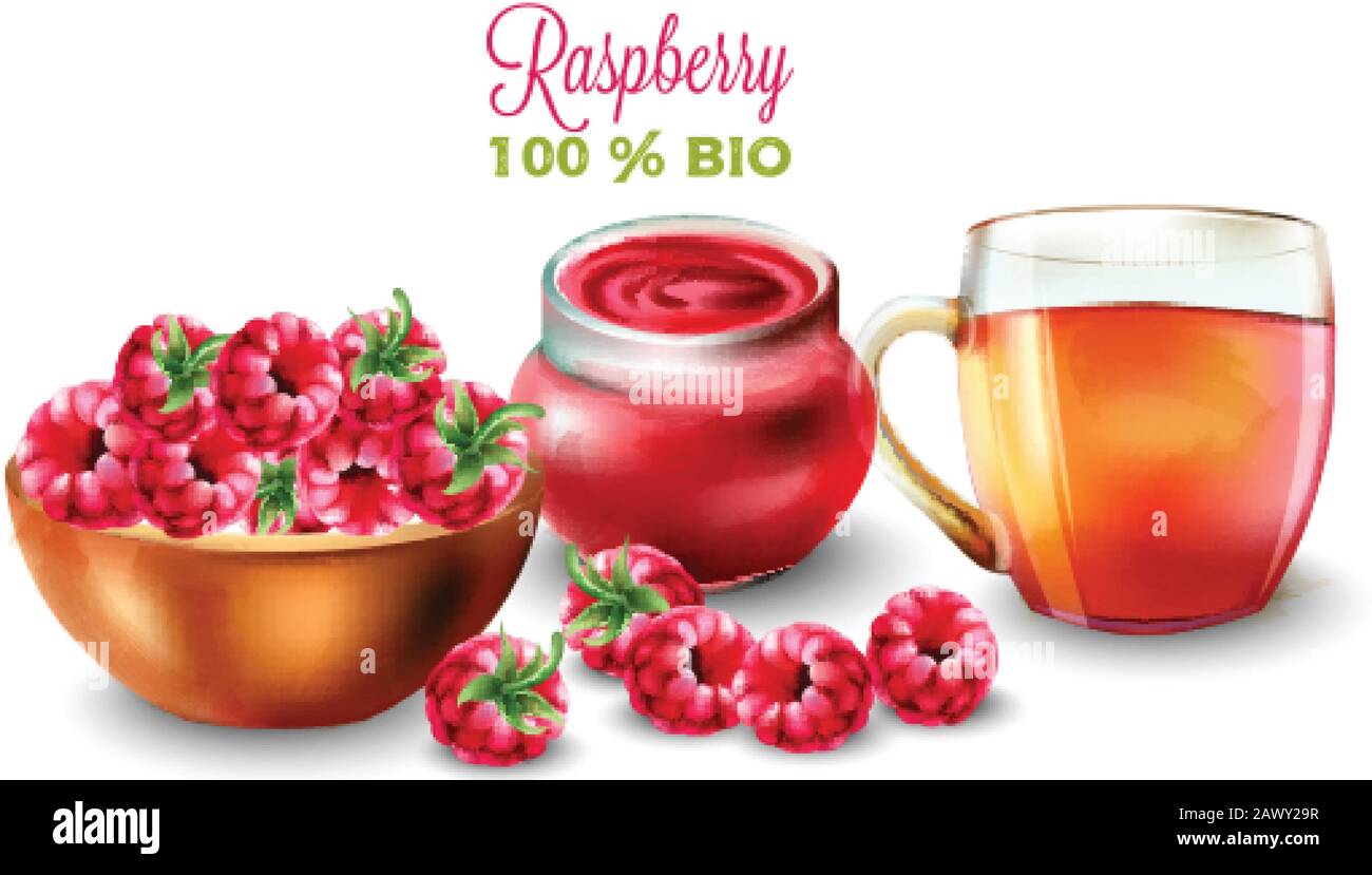 Raspberry tea and jam in watercolor style. Fruits in pot. Vector Stock ...
