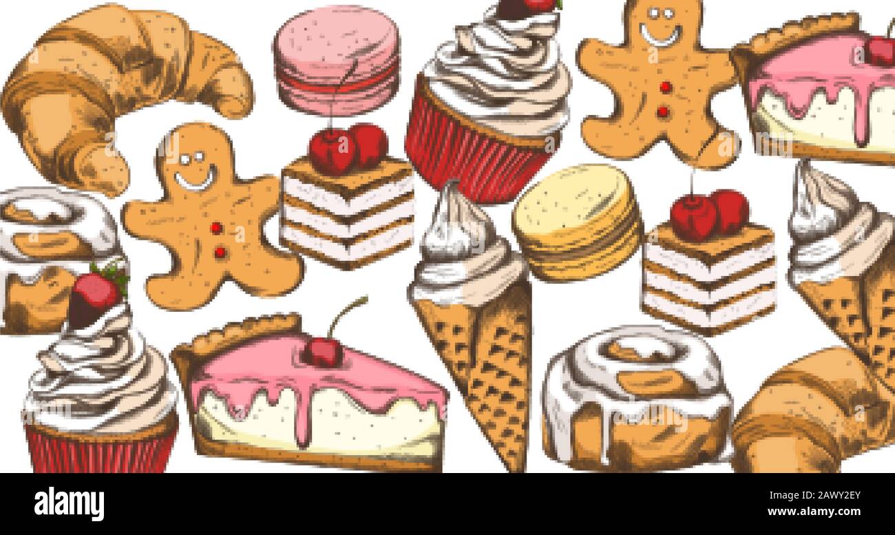 Line art colorful sweets composition. Cupcake, macarons, croissant ...