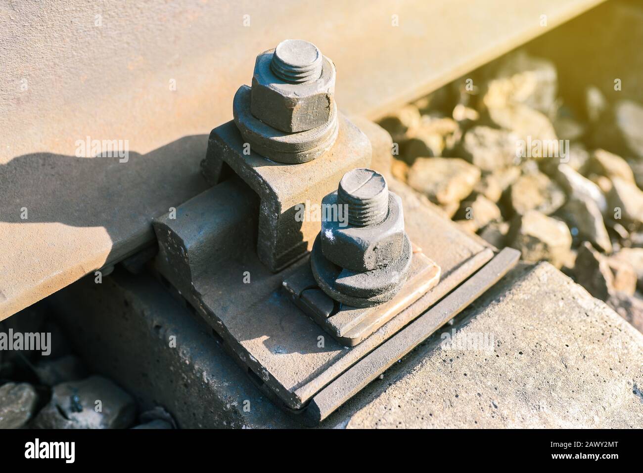 Bolt and nut close up. Rail mounts Stock Photo - Alamy