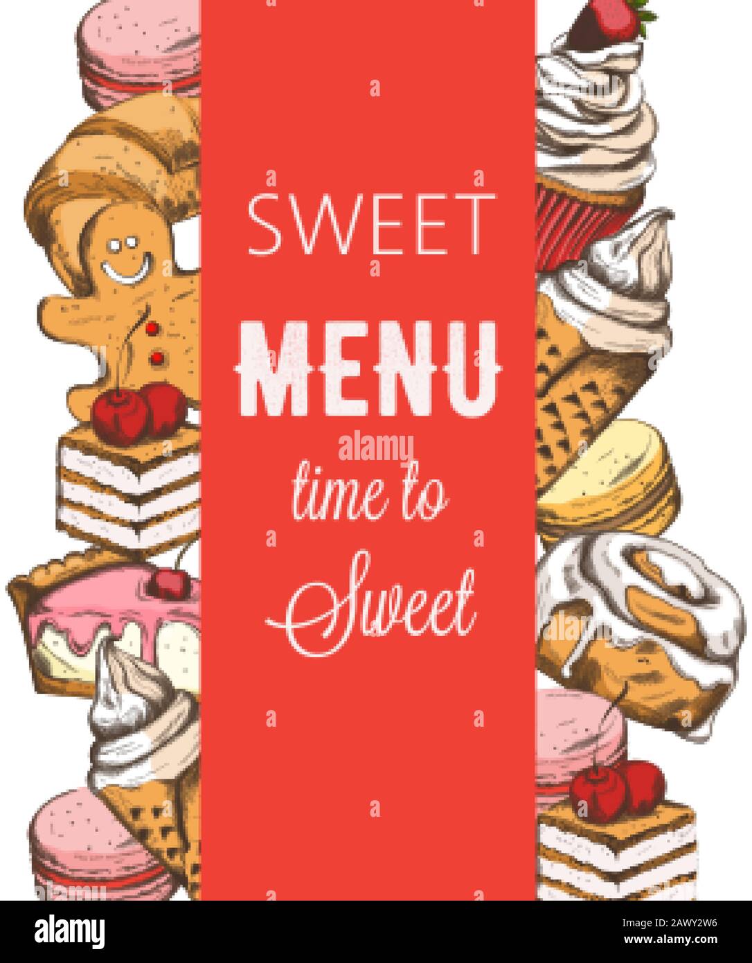 Bakery house shop menu template with various sweets. Croissant, cake ...