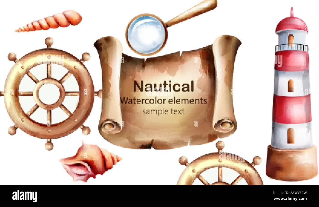 Nautical watercolor elements with treasure map, lighthouse, boat wheel ...