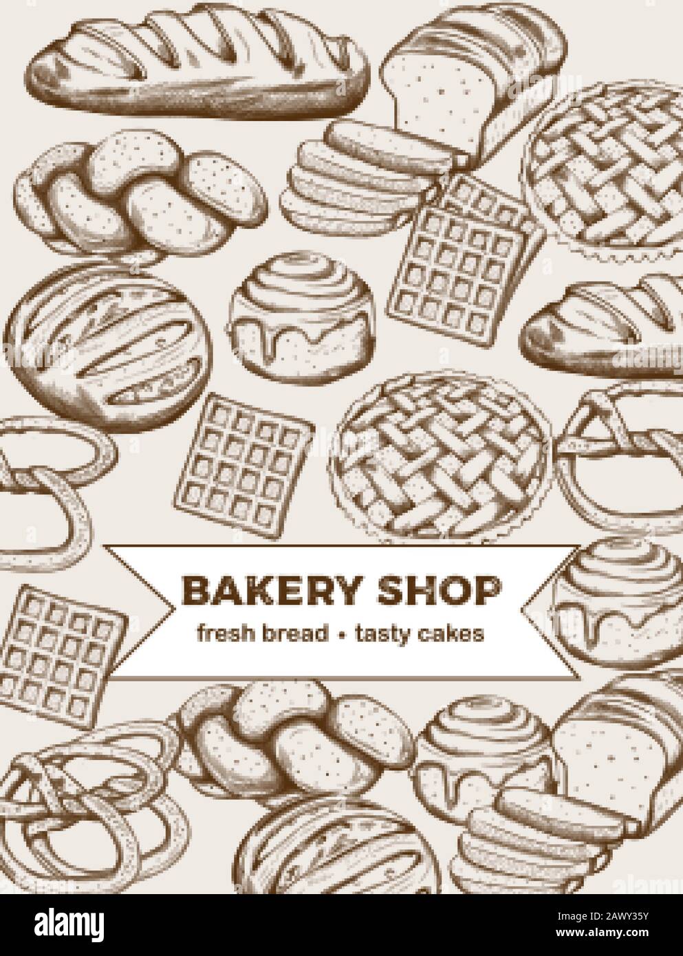 Line art set of bakery products including various types of bread and ...