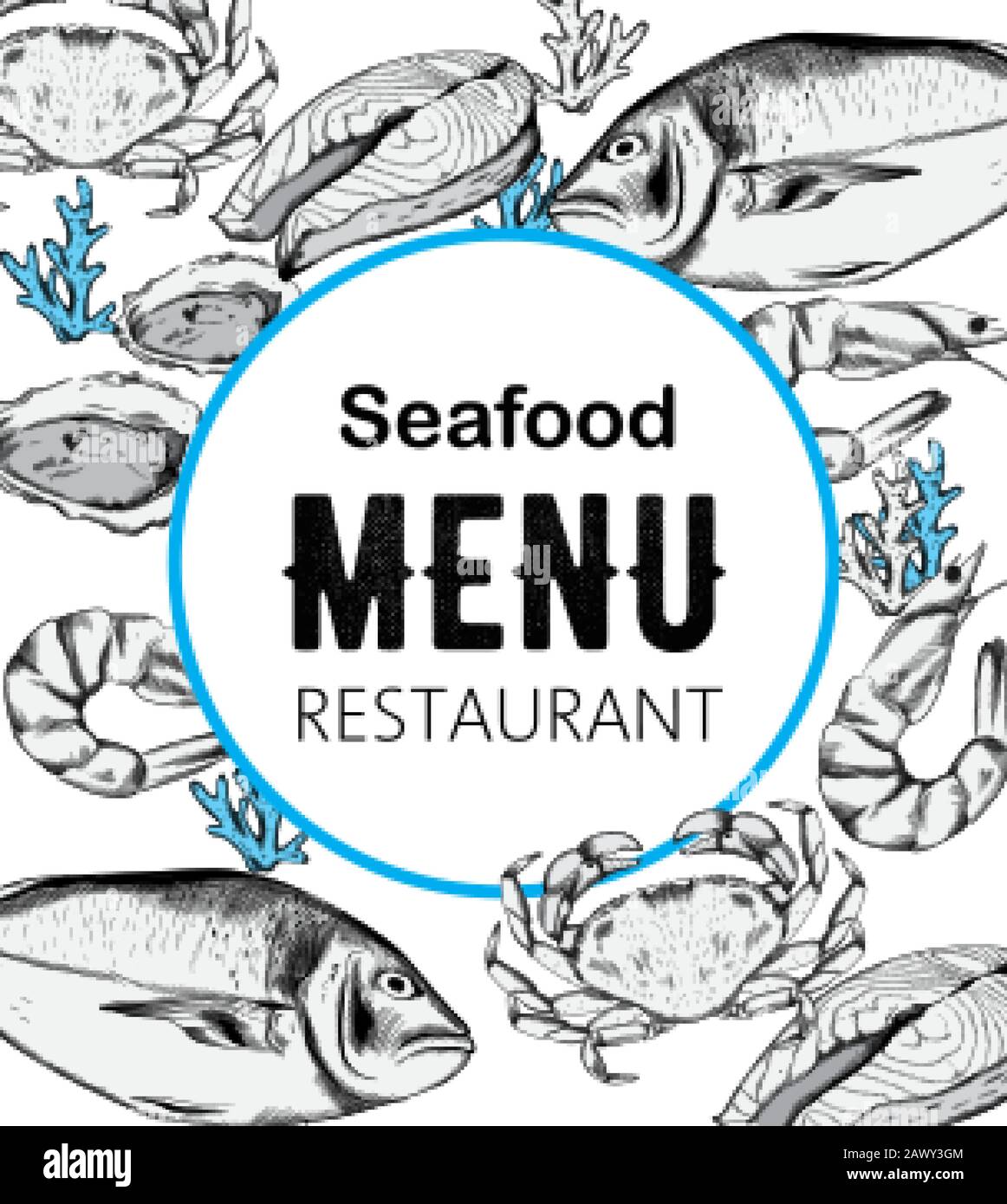 Seafood menu composition with red fish steak, oysters and crabs. Blue ...