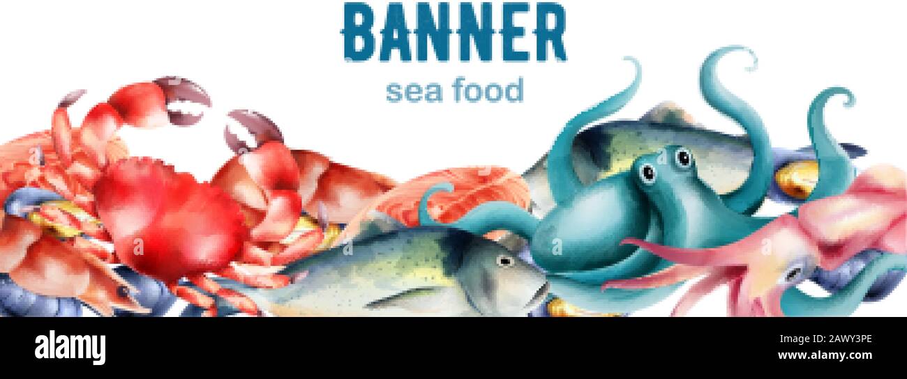 Watercolor fresh fish and mollusc from the sea. Shrimp, steak, crab ...