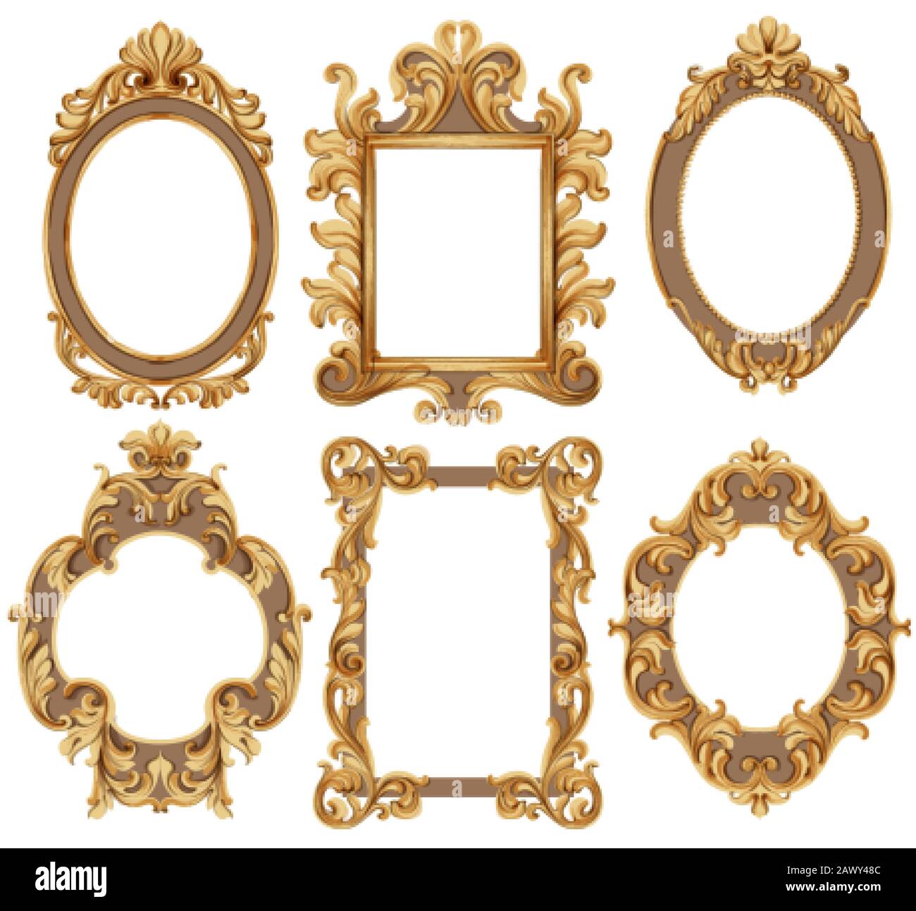 Set of Watercolor circle, square and flower shaped frames. Golden color ...