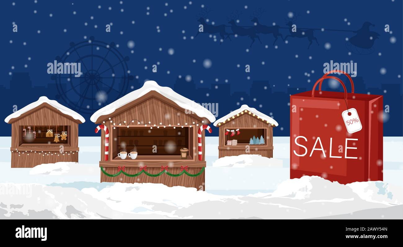 Christmas fair market with red bag. Sale banner. Blue background ...